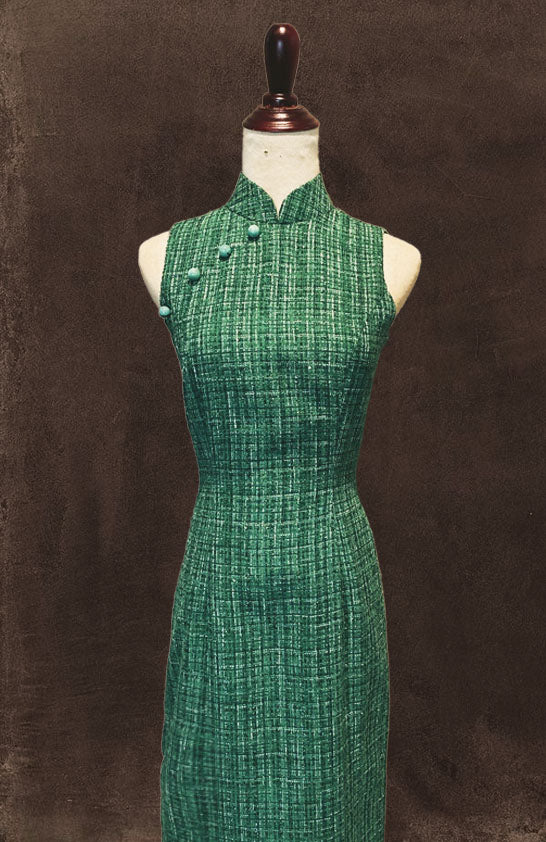 Outpost SG | Elegant Green Tweed Cheongsam Dress in Singapore – Outpost ...