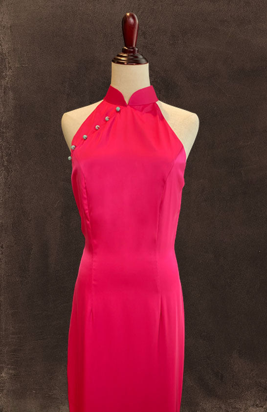 Pink Halter Cut Cheongsam In Satin – Outpost Clothing