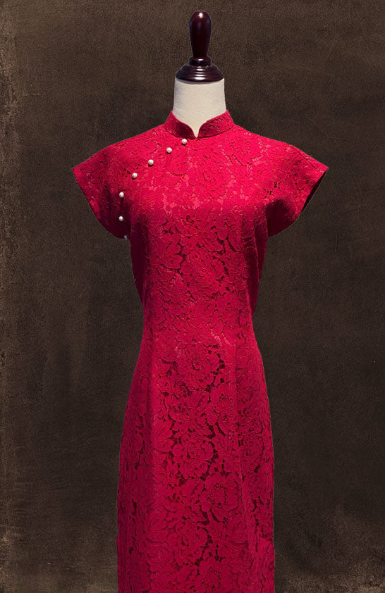 Stunning Red Lace Cheongsam with Open Back | Outpost Clothing